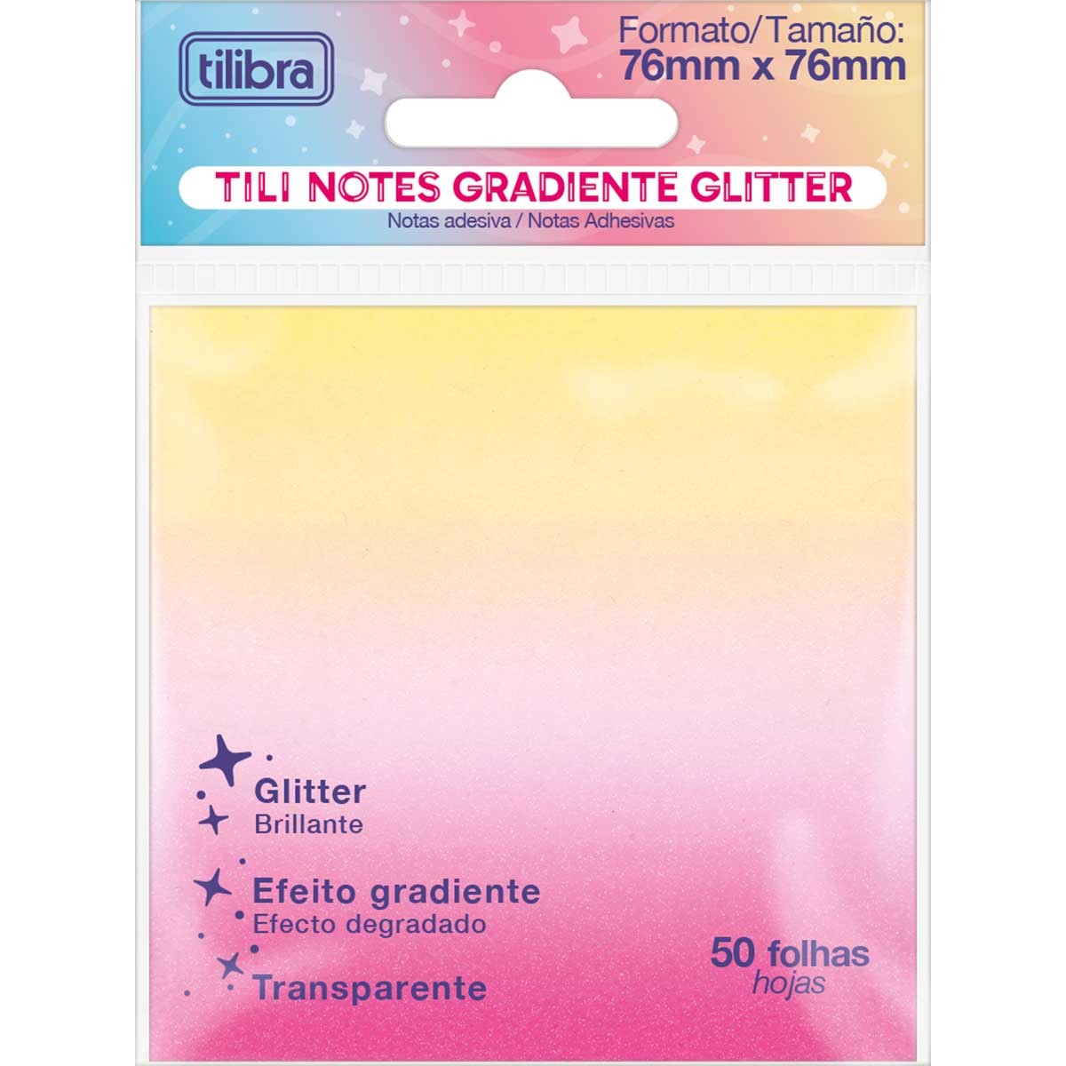 Bloco Adesivo Tili Notes 76x76mm 50 Folhas Transparente com Glitter ...